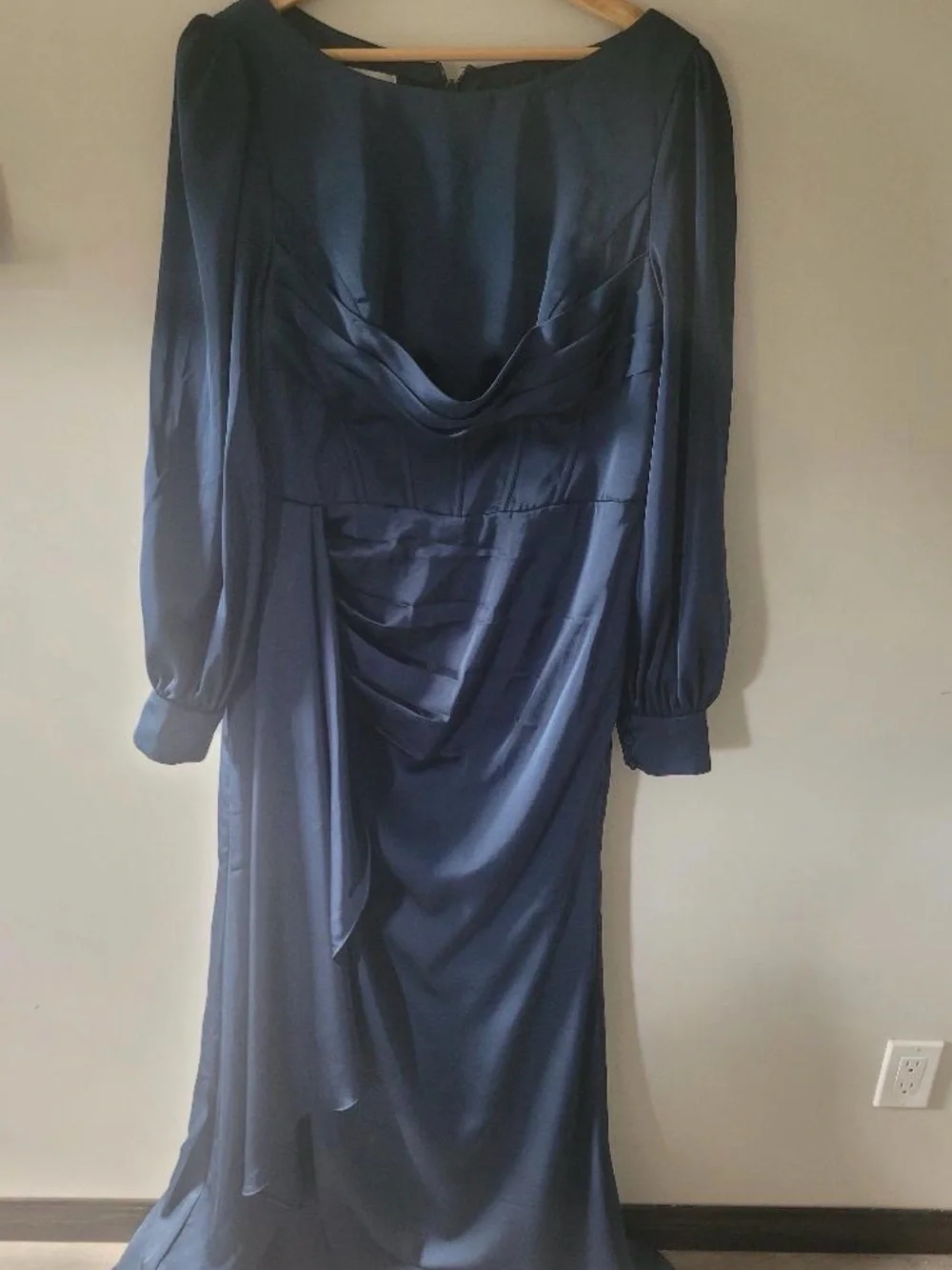 Azazie | Dresses | Azazie Midnight Blue Longsleeve Satin Evening Gown ...